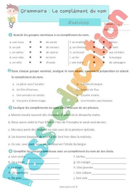 Le complément du nom Exercices de grammaire pour le cm1 PDF à