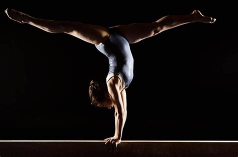 Gymnast Doing Split Handstand On Balance Beam Flexible Gymnastics