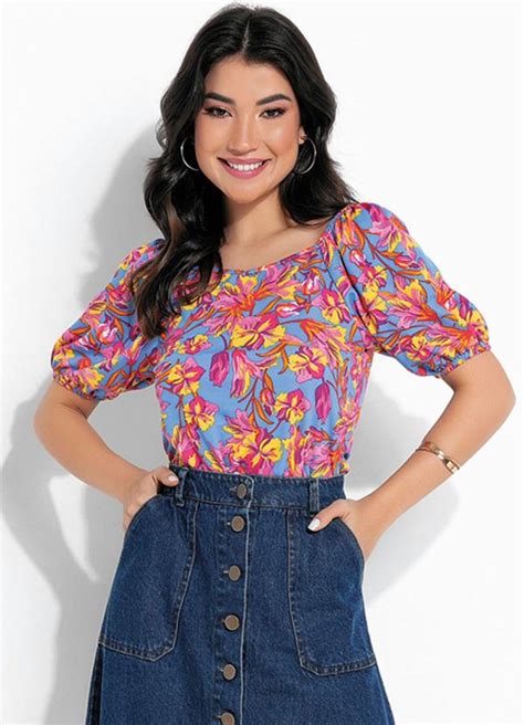 Blusa Floral Azul Decote V Moda Evangélica Rosalie