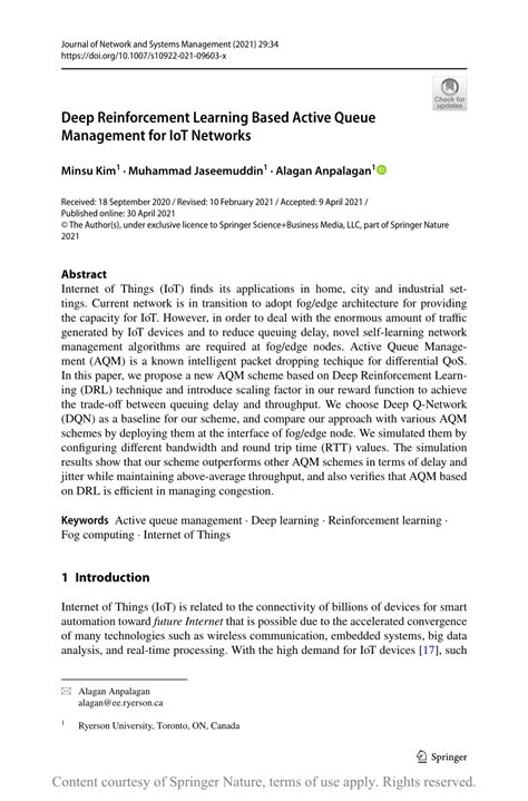 deep reinforcement learning based active queue management for iot networks request pdf