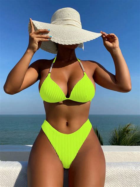 SHEIN Swim Basics Pearls Detail Halter Triangle Bikini Swimsuit SHEIN USA