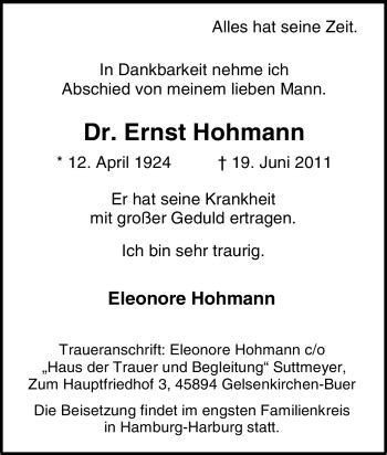 Traueranzeigen Von Ernst Hohmann Trauer In Nrw De