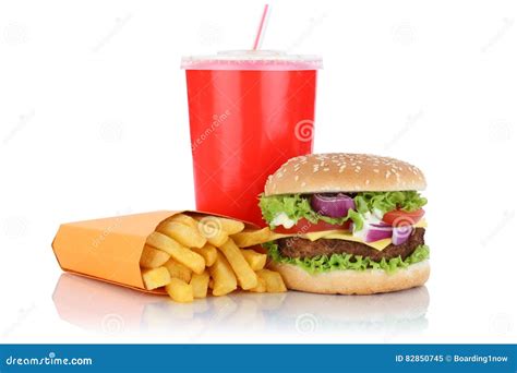 Cheeseburger Hamburger And Fries Menu Meal Combo Fast Food Drink Stock
