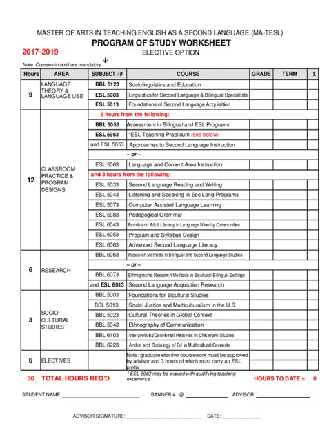 Fillable Online Education Utsa PROGRAM OF STUDY WORKSHEET 2017 2019 Fax