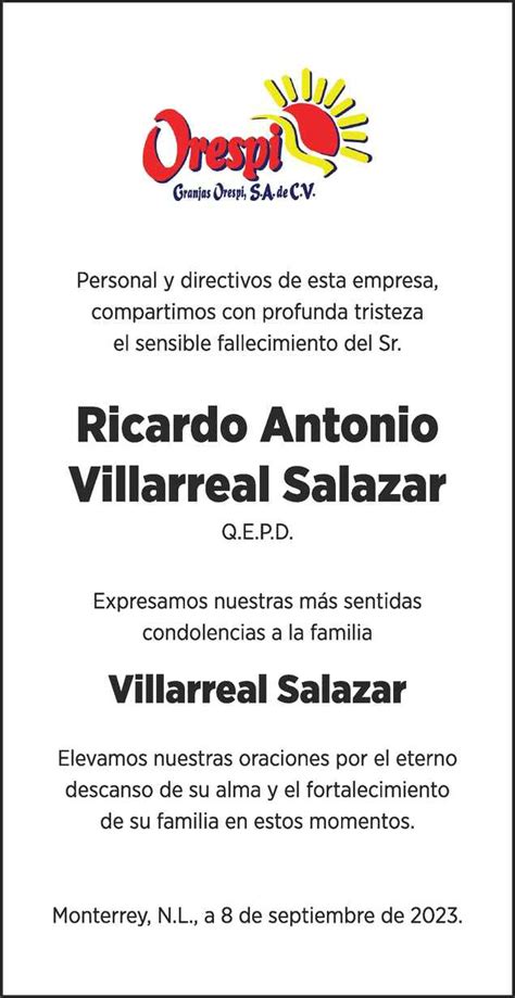 Sr Ricardo Antonio Villarreal Salazar Obituario Esquela
