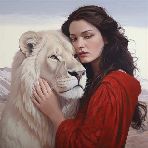 A Woman With Long Hair Is Hugging A White Lion Premium Ai Generated Image