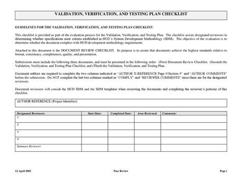 validation verification and testing plan checklist in word and pdf formats