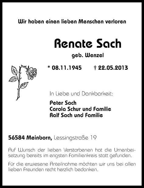 Traueranzeigen Von Renate Sach Rz Trauer De