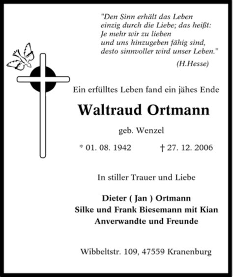 Traueranzeigen Von Waltraud Ortmann Trauer In NRW De