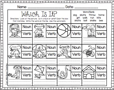 Noun And Verb Worksheet For Grade 1