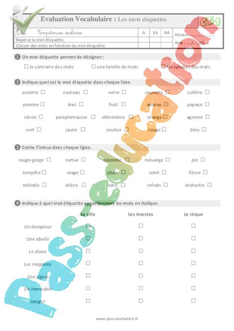 Evaluation Quiz QCM Mots étiquettes termes génériques et particuliers
