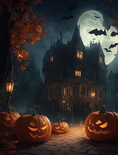 Premium AI Image Halloween Background With Haunted House Pumpkins