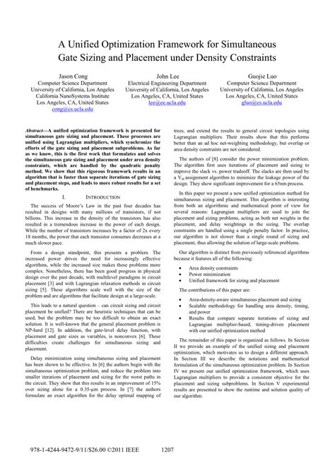 pdf a unified optimization framework for simultaneous gate sizing and placement under density