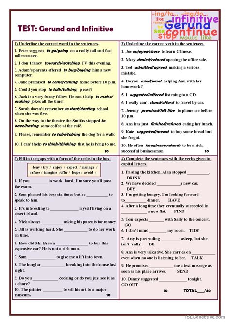 Test Gerund And Infinitive General Fran Ais Fle Fiches Pedagogiques