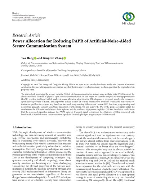 pdf power allocation for reducing papr of artificial noise aided secure communication system
