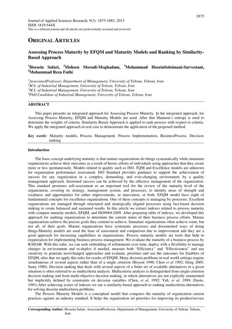 pdf original articles assessing process maturity by efqm and maturity models and ranking by