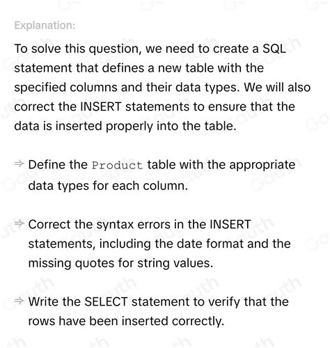 solved write the sql to create a product table with the following columns id unsigned integer