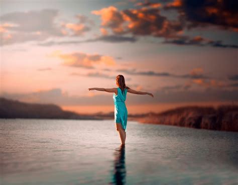 Sunlight Women Sunset Sea Reflection Beach Evening