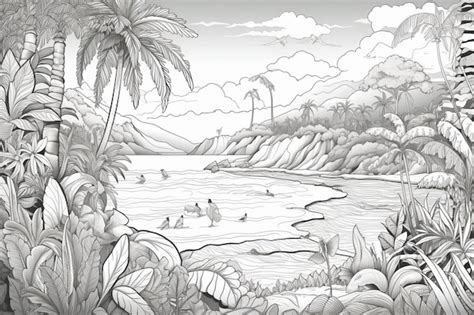 Un Dessin En Noir Et Blanc D Un Paysage Tropical Avec Des Palmiers Et
