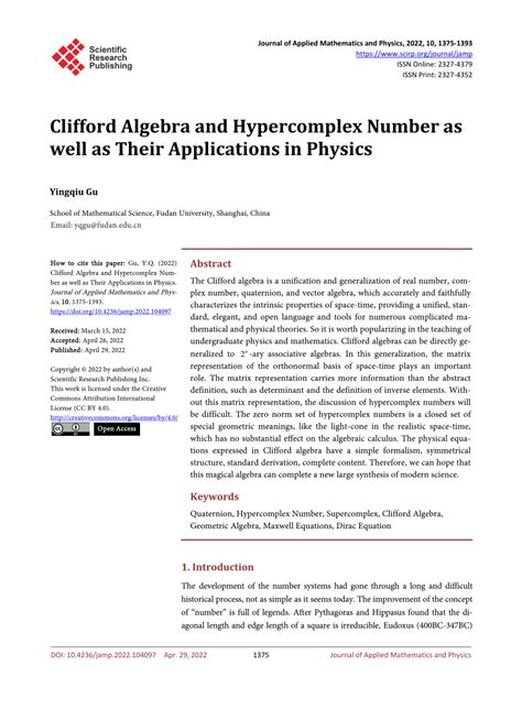 pdf clifford algebra and hypercomplex number as well as their applications in physics
