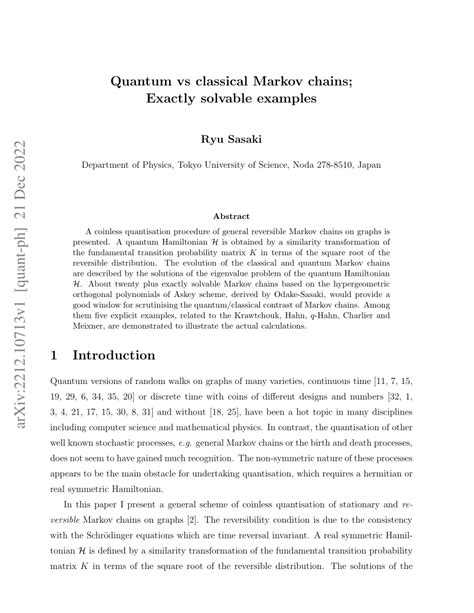 pdf quantum vs classical markov chains exactly solvable examples