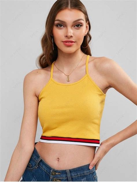 33 OFF 2021 Ribbed Striped Hem Crop Cami Top In GOLDENROD ZAFUL