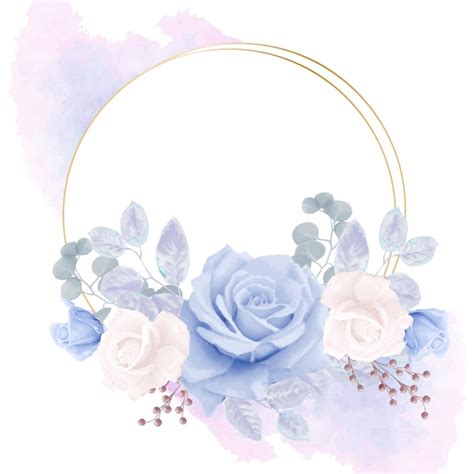 Marco Floral Acuarela Con Rosas Azules Y Marco Dorado Redondo Vector
