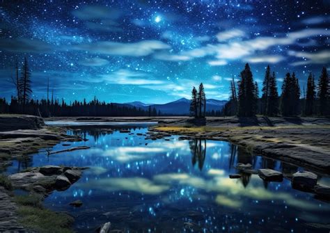 Premium Ai Image Starry Night Over A Mountain Lake A Serene Landscape