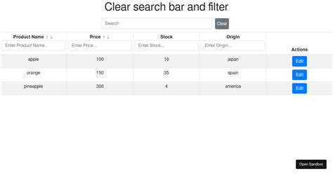 React Bootstrap Table2 Clear Search Bar And Filter Forked Codesandbox