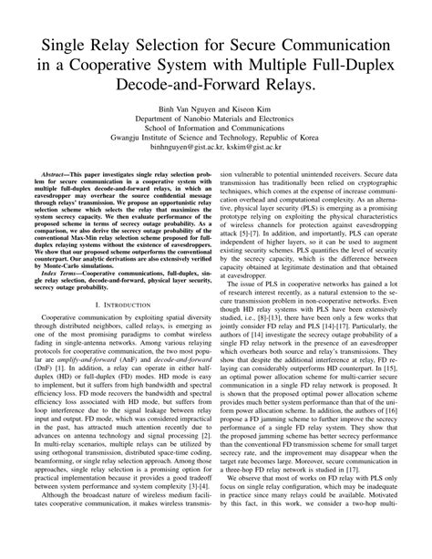 pdf single relay selection for secure communication in a cooperative system with multiple full
