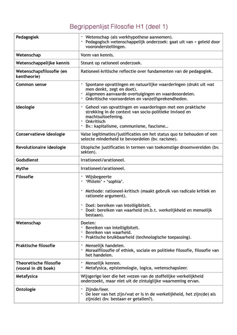Begrippenlijst Filosofie H1 Deel 1 Pedagogisch Wetenschappelijk