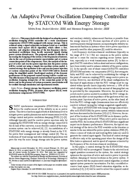 an adaptive power oscillation damping controllerby statcom with energy storage pdf electric