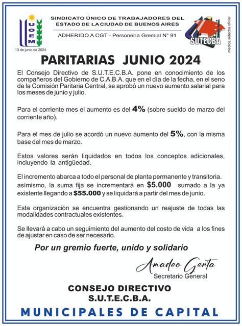 Paritarias Junio 2024 S U T E C B A Sindicato Único de