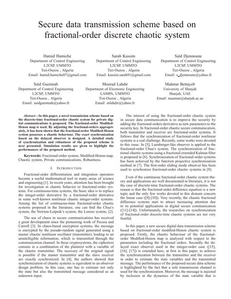 pdf secure data transmission scheme based on fractional order discrete chaotic system