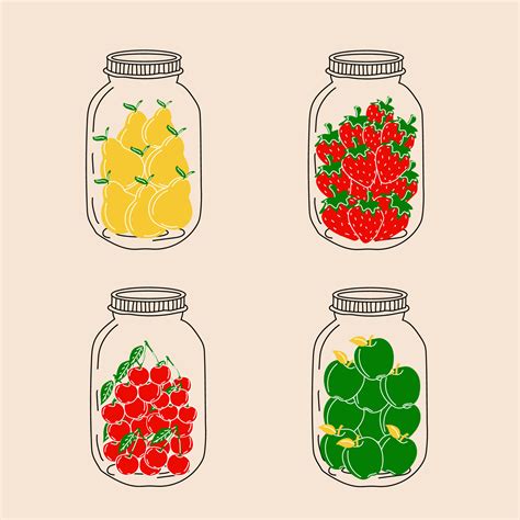 Canned Food Set Of Jars With Fruit Vector In Cartoon Style All