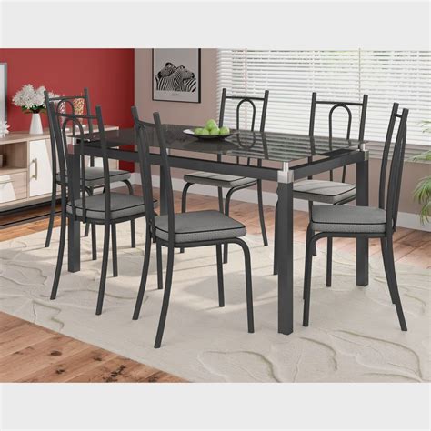 Conjunto De Mesa Malva 6 Cadeiras Tampo De Vidro 140cm Sf Preto