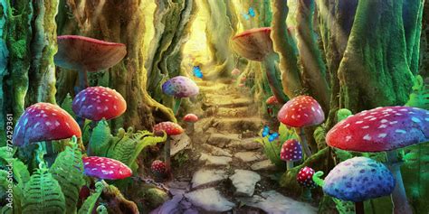 Fantastic Wonderland Landscape With Mushrooms Illustration To The Fairy