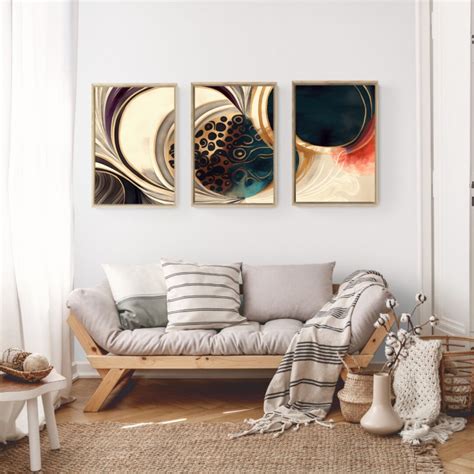Conjunto De 3 Cuadros Modernos Abstractos Listos Para Colgar