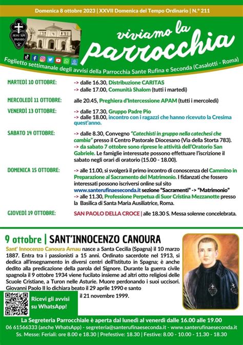 AVVISI PARROCCHIALI Domenica 8 Ottobre 2023 XXVII Domenica Del