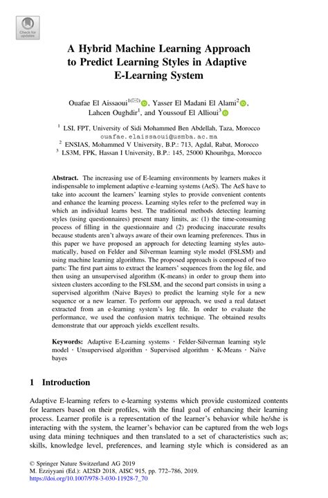 pdf a hybrid machine learning approach to predict learning styles in adaptive e learning
