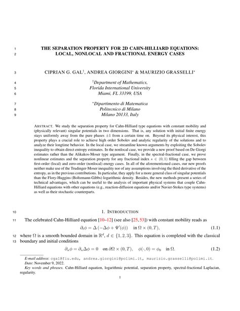 pdf the separation property for 2d cahn hilliard equations local nonlocal and fractional