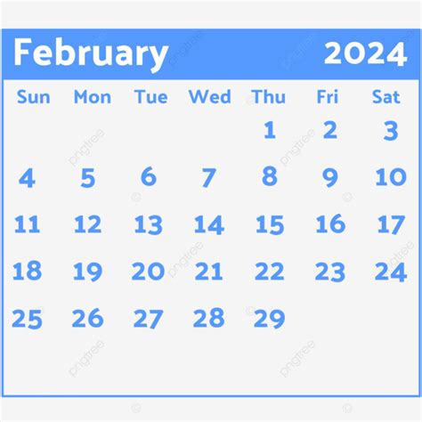 Calendário Azul De Fevereiro De 2024 Vetor PNG 2024 Calendário