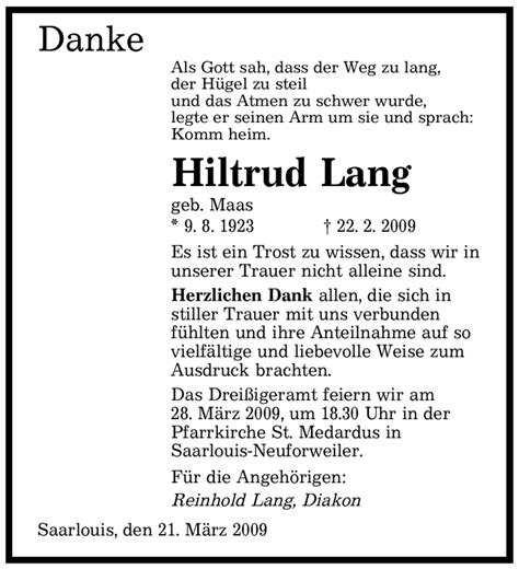 Traueranzeigen Von Hiltrud Lang Saarbruecker Zeitung Trauer De