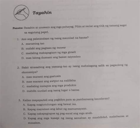 Solved Tayahin Panuto Basahin At Unawain Ang Mga Pahayag Piliin At