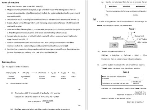 Aqa Chemistry Revision Booklet For Rates Of Reaction Summary