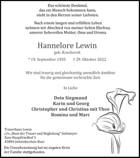 Traueranzeigen Von Hannelore Lewin Trauer In Nrw De