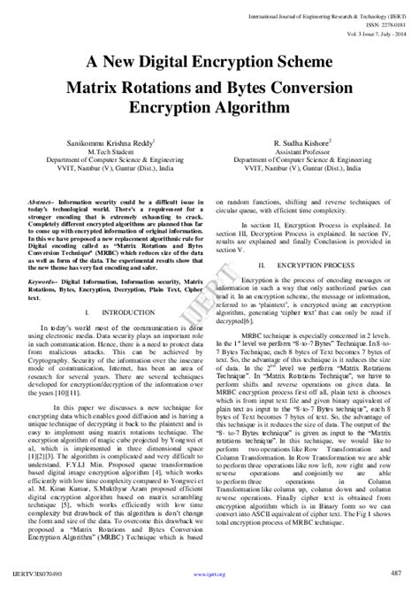 pdf ijert a new digital encryption scheme matrix rotations and bytes conversion encryption