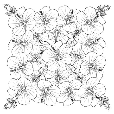Chinese Hibiscus Flower Hand Drawn Coloring Page Illustration With Line
