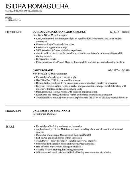 Hvac Manager Resume Samples Velvet Jobs