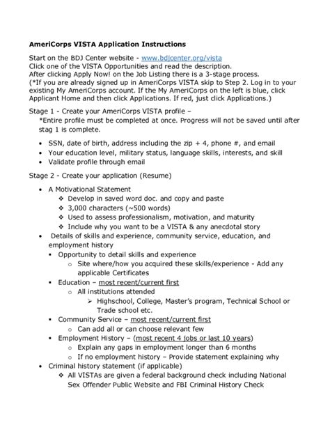 Fillable Online AmeriCorps VISTA Application Instructions Start On The